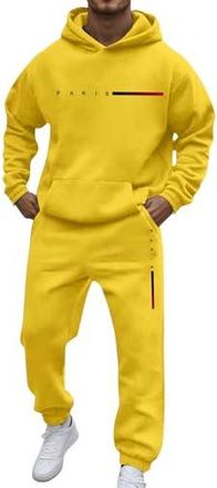 Generic 2026 - Chandail en molleton doubl&eacute; &agrave; col rond pour hommes, chandail en molleton avec imprim&eacute; lettres, manches longues, hauts chauds dhiver, jaune, 3XL