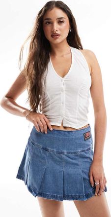 Superdry Mini-Faltenrock in Vintage-Waschung mit Aufn&auml;her-Blau