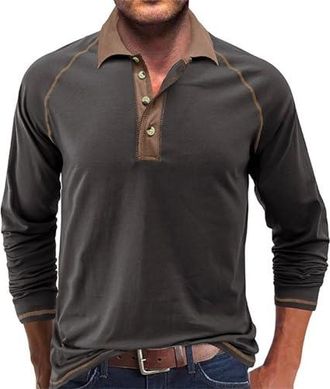 Generic Polo d&eacute;t&eacute; &agrave; manches longues raglan pour homme en coton avec revers boutonn&eacute;, d&eacute;contract&eacute;, vintage, confortable, Polos gris pour homme, XXL