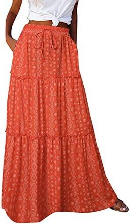 Generic Robe boh&egrave;me 2026 pour femme - Longue jupe pliss&eacute;e - Taille haute &eacute;lastique - Avec poches et ceinture, Rouge, M