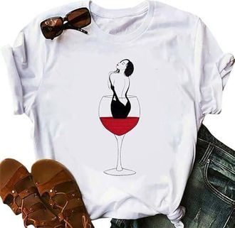 Keephen Verre &agrave; Vin T-Shirt pour Femmes Nouveaut&eacute; Verre &agrave; Vin Impression 3D T-Shirts &Eacute;t&eacute; Col Rond Manches Courtes Chemises &Eacute;t&eacute; Tee Casual Tops