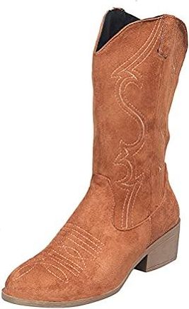 Minetom Femme Chaussures Bottes en Cuir Faux Bottes Cowboy à Talon Western Bottes Bottines Rétro Bottes de Combat C Marron 35 EU