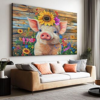 Generic Leinwand Bilder Wandbilder Wohnzimmer, Badezimmer Bilder 120 x 80 cm Landhausstil Schwein und Sonnenblume Vlies Leinwand Gem&auml;lde Wandgem&auml;lde Zimmer De
