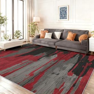 Generic Tapis de Salon 140 x 200 cm, Gris Fonc&eacute; Rouge Tapis Lavable &agrave; Poils Courts antid&eacute;rapant Doux, Motif Abstrait Vintage Grain De Bois, pour Chambre denfa