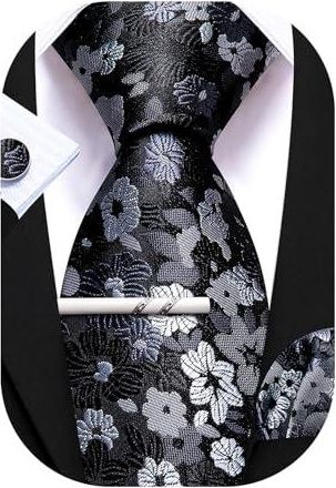 Barry.Wang Lot de 4 cravates carrées pour homme - Motif floral - Boutons de manchette - Pour mariage, fête, affaires, Fleur noire et blanche, taille unique