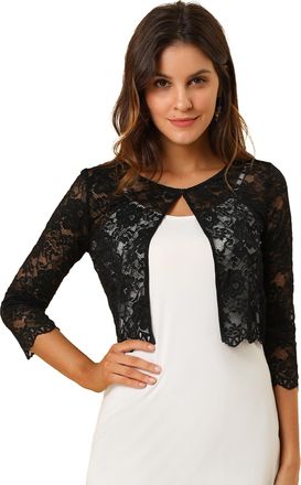 Allegra K Damen Brautjacke Spitzen Bolero Festlich Kurz 3/4 &Auml;rmel Durchsichtig Blumen Spitze Shrug Crop Cardigan Boleros Schwarz XL