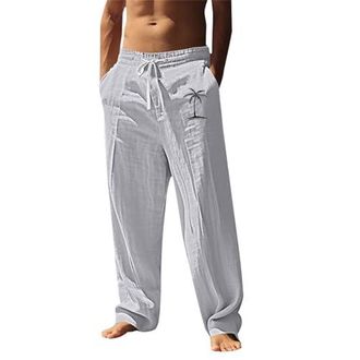 Generic Pantalon surdimensionn&eacute; en coton et lin pour homme, d&eacute;contract&eacute;, tendance, ample, imprim&eacute; noix de coco 3D, pantalon coupe r&eacute;guli&egrave;re, gris, L
