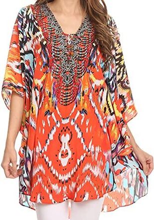 Sakkas KF60025BT - Balloon Top Tallulah Grand Cercle Blouse Poncho Top avec Tie Neck Enclosure avec Perles - Sunset Orange/Multi - OS