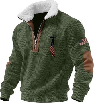 Generic DENGJIAMY Sweat-shirt chrétien pour homme Jésus Croix Faith Chemise texturée Col en polaire T-shirt Drapeau américain Tops Grande taille Pull à fermet