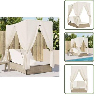 vidaXL Doppel-Sonnenliege mit Dach und Vorh&auml;ngen Beige Poly Rattan - Doppelsonneliege - Liege - Gartenm&ouml;bel - Outdoorm&ouml;bel - Sonnenschirm - The Living Store