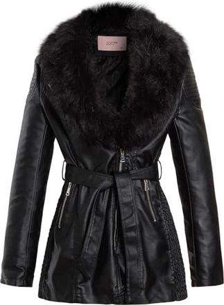 SS7 Femmes Manteau Motard en Simili Cuir Collier en Fausse Fourrure