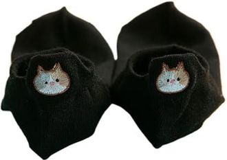 Generico Chaussettes de cheville avec broderie chat de dessin anim&eacute;, chaussettes d&eacute;collet&eacute;es pour femme, 5 paires noires, Taille Unique