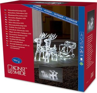 Konstsmide LED Acryl-Set Schlitten mit 2 Rentieren, 96 kalt weiße Dioden (12 funkelnde), 24V Außentrafo, transparentes Kabel - 6192-203