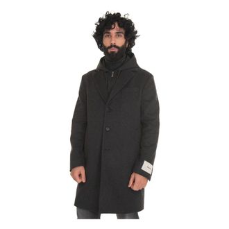 Paoloni Homme, Manteaux, Noir, Taille: 3XL Manteau en Laine et Cachemire à Capuche avec Bavoir Amovible