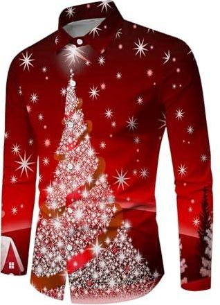 Generic Chemises de Noël pour hommes fantaisie arbre de Noël imprimé arbre de Noël hauts à manches longues chemise dhiver dautomne chemise boutonnée col rever