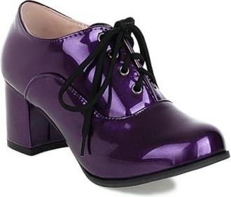 Generico Bottines Brogue Femme en Cuir Verni &agrave; Lacets et Talon Bloc, Chaussures Formelles pour Les Trajets Bureau et Les Occasions,Violet,44 EU