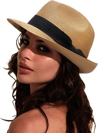 Dreshow Damen Panama Hut Breiter Krempe Stroh Sommer Fedora Strohhut Panama Aufrollen Hut Strand Rollbar UV Sonnenhut UPF 50 +