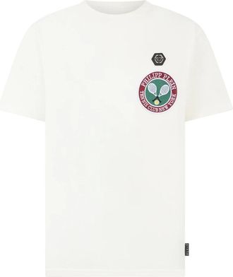 Philipp Plein Homme, Tops, Blanc, Taille: L T-Shirt Col Rond Patch Tennis