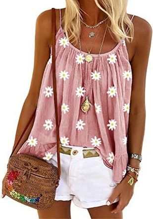 Onsoyours Top Femme Ete Col V Débardeur Sexy sans Manches Imprimé Vintage Dos Nu Tanks Tops T-Shirt Chic Camisole Haut Z1 Rose 42