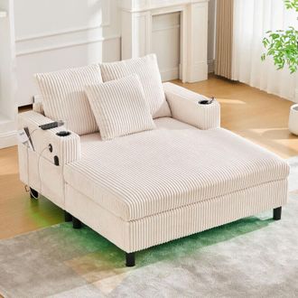 STILVORA Fauteuil Relax Chaise Longue Oversize, avec LED Multicolore, USB et Porte-Gobelet, Assise Profonde Dossier Ergonomique, en Velours C&ocirc;tel&eacute; Beige