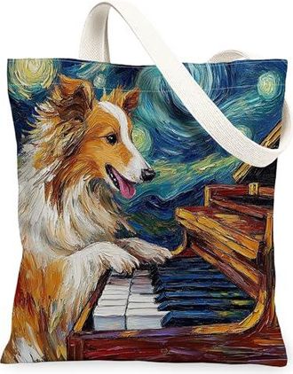 Generic Sac fourre-tout en toile pour le shopping Motif chien de berger Shetland 33 x 38,1 cm, sac d&eacute;picerie r&eacute;utilisable pour femme, animal domestique, chiot