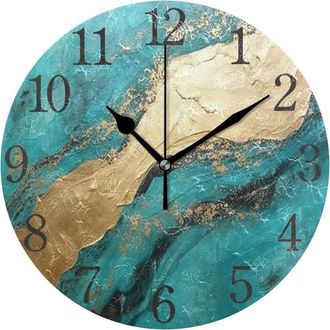 Mnsruu Abstrakte blaugrüne goldene Marmor-Wanduhr, arabische Ziffern, Design, runde Wanduhr für Wohnzimmer, Badezimmer, Heimdekoration