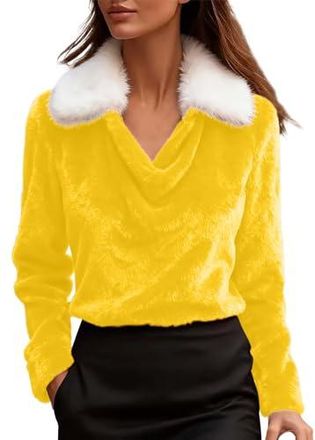 Generic Pull de Noël pour femme UK 2025 - Col rabattu - Manches longues - Hiver - Tendance - Décontracté - Doux et confortable - Coupe ample, jaune, 3XL