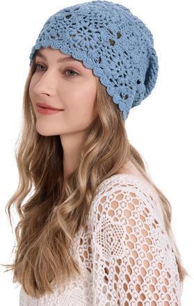 ZLYC Damen Sommer Strickm&uuml;tzen Handgemacht H&auml;kelm&uuml;tze Slouch Beanie M&uuml;tze(Massiv Mildblau),Einheitsgr&ouml;&szlig;e