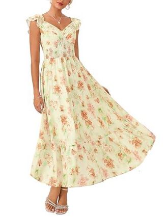 Grace Karin Robe d&eacute;t&eacute; &eacute;l&eacute;gante &agrave; motif floral pour femme, robe midi &agrave; smocks avec poches, robe dinvit&eacute;e de mariage &agrave; la plage, pour femmes, Motif floral beige-ora