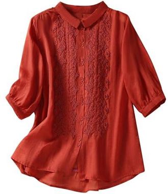 Generic Chemise d&eacute;t&eacute; en lin pour femme avec boutons brod&eacute;s &agrave; manches 3/4, style r&eacute;tro, boh&egrave;me, ethnique, paysanne, Rouge, XXL