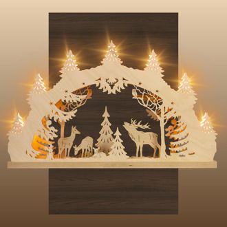 Weigla Schwibbogen original Erzgebirge I LED Lichterbogen Weihnachten I Motiv Hirschfamilie I 7 Lampenkerzen + 1 Ersatzlampe I 7 x 34 V, 0,2 W, E10 I beleuch