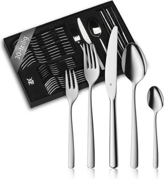 WMF Boston Edelstahl Besteck Set 6 Personen, Essbesteck Set 30 teilig, Monobloc-Messer mit Wellenschliff, Cromargan Edelstahl poliert, sp&uuml;lmaschinenfest, 