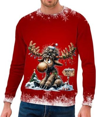 Generic Pull de Noël pour homme, amusant et fantaisie, imprimé graphique, motif imprimé, pull dhiver chaud à col rond, tendance, décontracté, tenue dextérieur