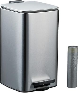 Relaxdays Kosmetikeimer, 8 L, Absenkautomatik, entnehmbarer Inneneimer, Metall, Bad M&uuml;lleimer, inkl. M&uuml;llbeutel, Silber