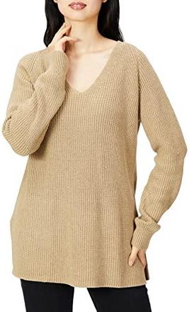 Goodthreads Pull Col v Profond en Coton et Point de Côtes Perlées Femme, Fauve Chiné, L