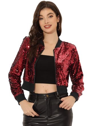 Allegra K Damen Pailletten Jacke Langarm Rei&szlig;verschluss Crop Glitzer Sequin Bomberjacke Rot-A S
