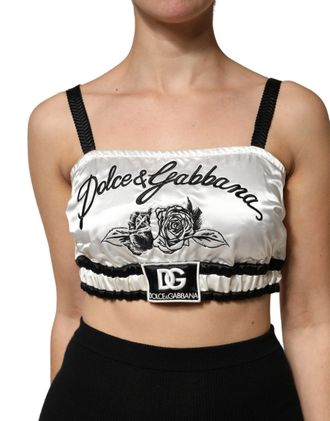 Dolce & Gabbana Womens Logo-Embroidered Silk Satin Crop Top White Polyester Spandex Bodysuits