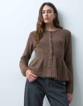 Object gilet en maille &agrave; basque couleur truffe-Marron