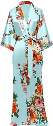 Babeyond Peignoir long en satin pour femme, kimono à fleurs pour lété, chemise de nuit, pour soirée pyjama, bleu clair, Taille unique
