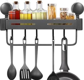 Amosfun &Eacute;tag&egrave;re Ventouse Cuisine 12.5X13.8X5 Pouces Support Mural Aluminium Avec Crochets Rangement &Eacute;pices Ustensiles Sans Per&ccedil;age