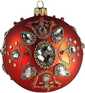 SILVERADO Christmas Ornament Made of Glass, 10 cm Ball, dimaods and Stones on red matt
