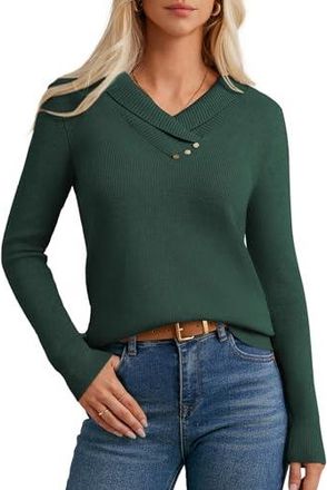 Grace Karin Pull en tricot décontracté pour femme - Manches longues - Coupe ample - Élégant - Col en V, vert foncé, XL