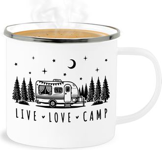Shirtracer Emaille Becher Blechbecher - Camping Tassen - Live, Love, Camp - Roadtrip Van life Accessoires - 300 ml - Wei&szlig; Silber - camper campingfans f&uuml;r geschen