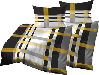 Gerald Wittmann 4teilig Bettwäsche-Set 2X 155x220 cm + 2X 80x80 cm, Baumwolle Mako Satin, Kariert Schwarz Gelb Grau