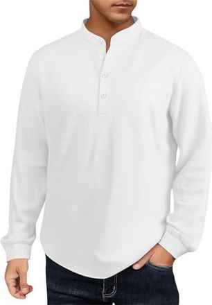 Generic Chemise en coton et lin &agrave; manches longues pour homme - Grande taille - T-shirt blanc - Pour la plage - D&eacute;contract&eacute; - T-shirt &agrave; manches longues - V&ecirc;tem