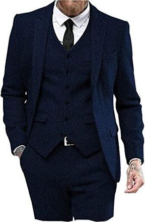 Solovedress Costume classique en tweed pour homme - 3 pièces - Pour mariage (lazer + gilet + pantalon), Marine, Taille XS