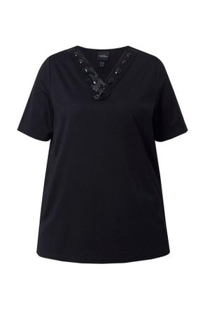 Ulla Popken T-Shirt T-Shirt verzierter V-Ausschnitt A-Linie Halbarm