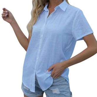 Generic Chemise d&eacute;t&eacute; en coton et lin &agrave; col en V pour femme - Hauts en coton et lin &agrave; manches courtes - Chemises blanches boh&egrave;me baggy chemises Linentops - Hau
