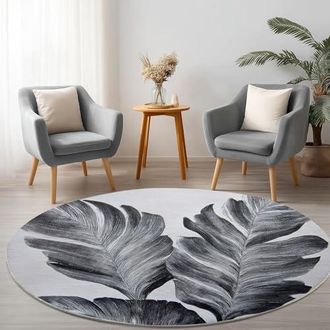 Generic Noir Tapis Minimalist Rond Antid&eacute;rapant, Feuilles Tropicales Motif Doux Tapis Poils Courts pour Salon Couloir Chambre Cuisine Descente de Lit - 160 cm