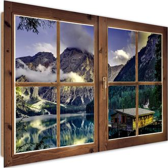 Feeby Wandbild XXL Fenster 3D Illusion Deko Kunst Bilder Berge See mehrfarbig 120x80 cm